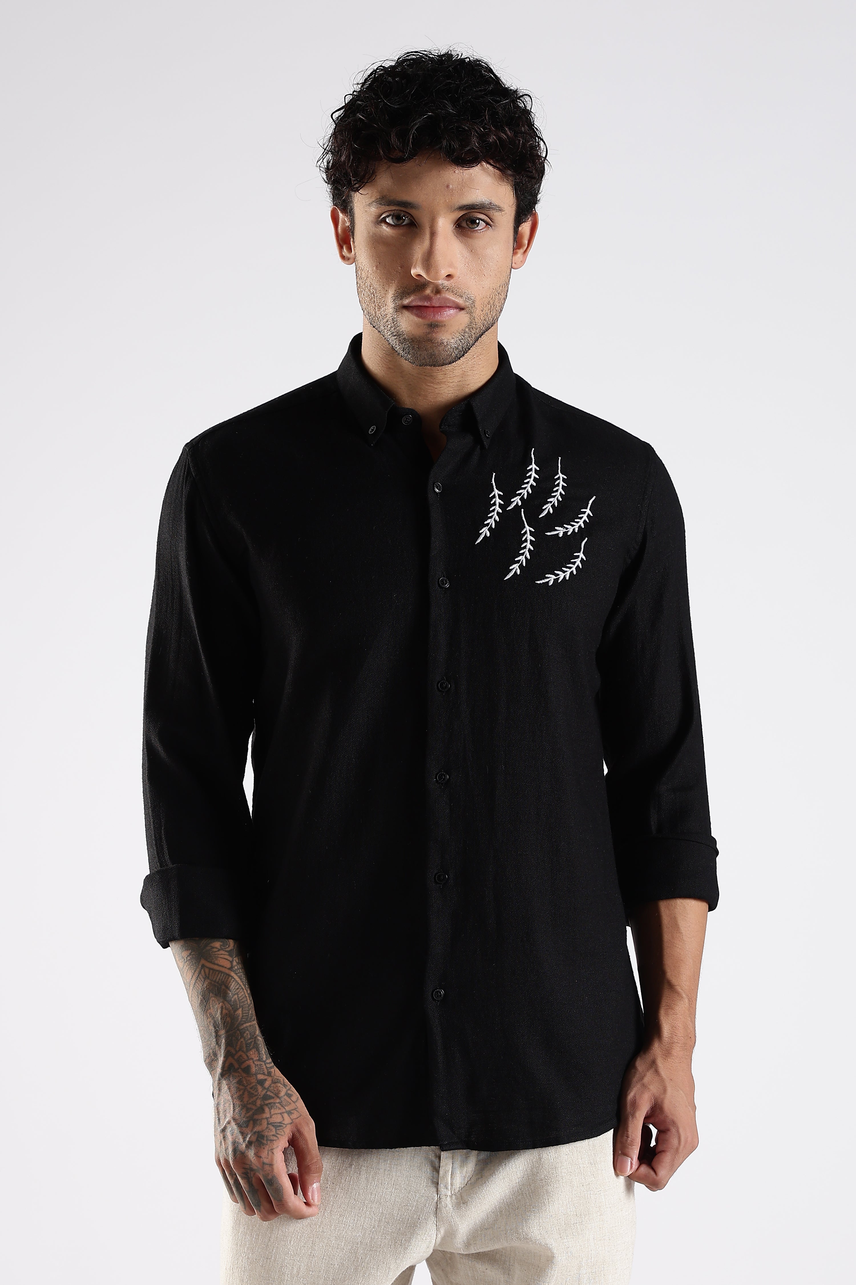Regular Fit Embroidery Linen Blend Designer Black Shirt – Elan Clothing