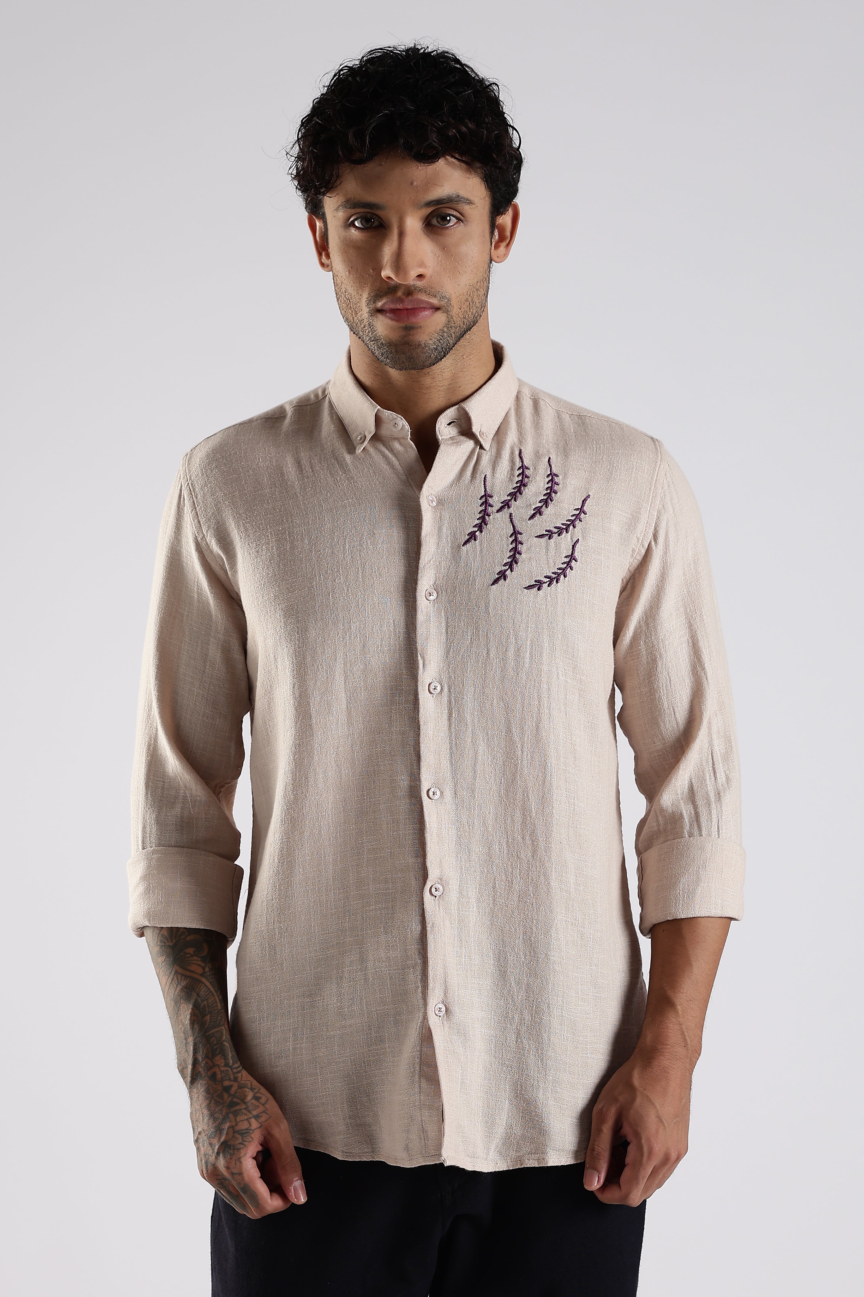 Regular Fit Embroidery Linen Blend Designer Beige Shirt – Elan Clothing